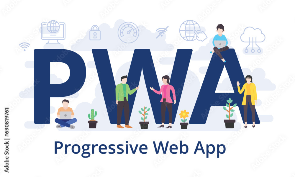 PWA - Progressive Web App concept with big word text acronym and team ...