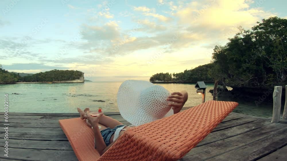 Travel, relax and cocktail with woman in lounger for vacation, island ...