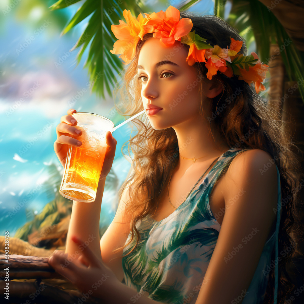 cute girl enjoying a tropical drink in the beach, in the style of flora ...