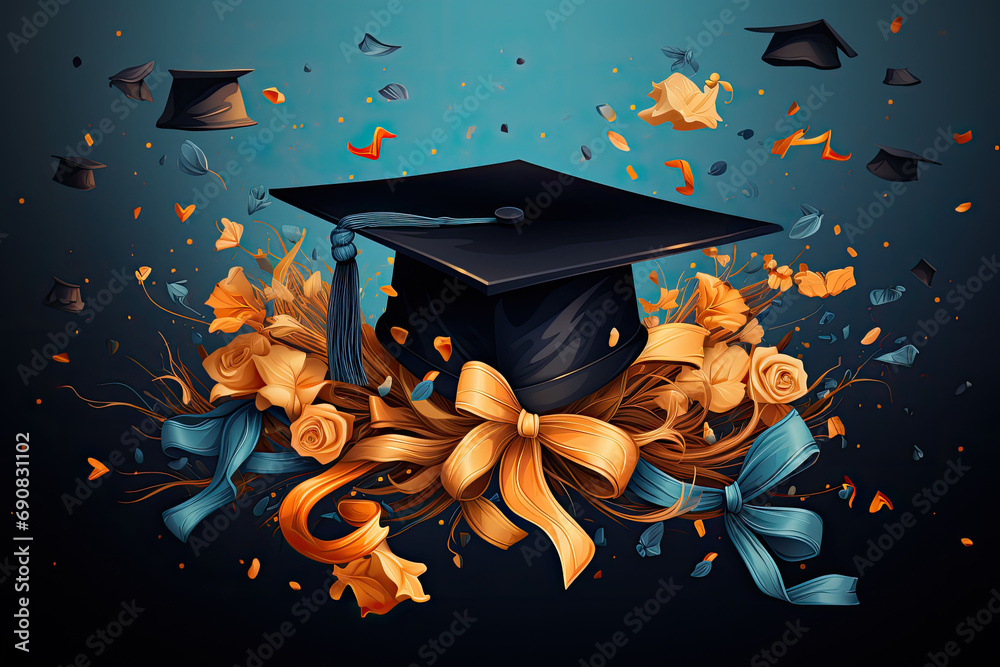 An elegant graduation cap floats amid a magical array of ribbons and ...