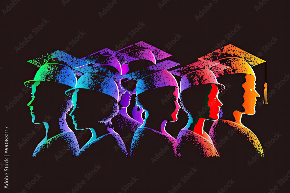 Neon profiles of graduates in a row, their vibrant colors symbolizing ...