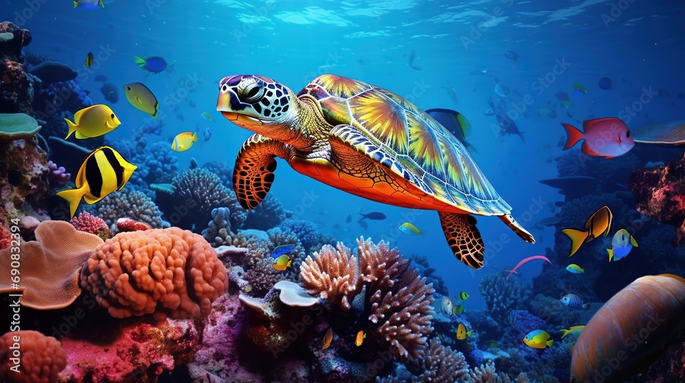 turtle with group of colorful fish and sea animals with colorful coral ...