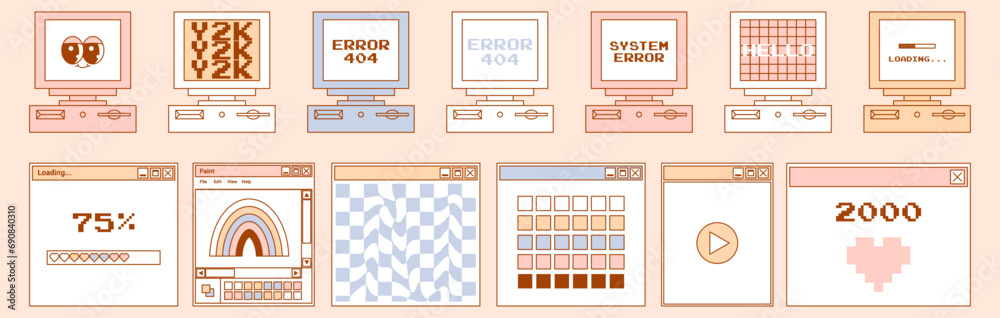 User Interface y2k stickers. Retro personal computers icon, windows, buttons, screen computer ...