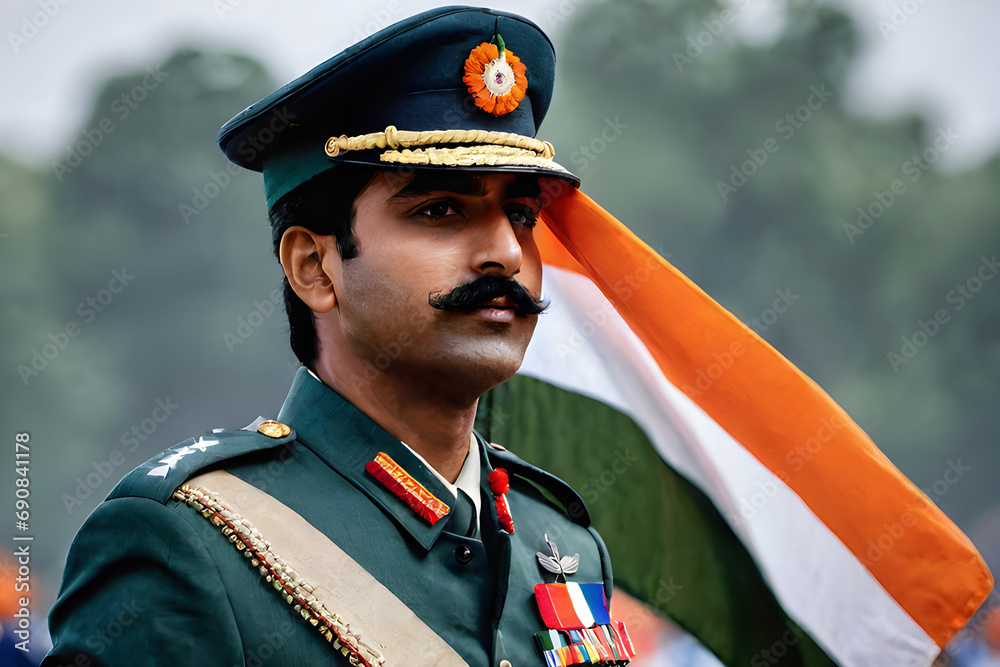 Indian Police Officer, Army Officer From India With Indian Flag in ...