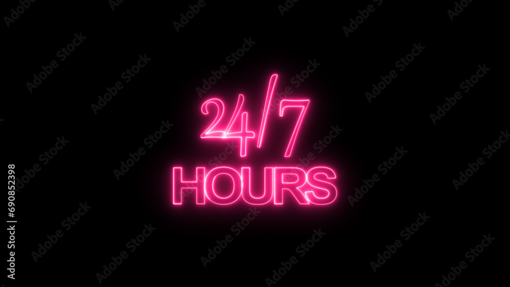 24 /7 hours neon glowing signboard. Open sign. Day and night working ...