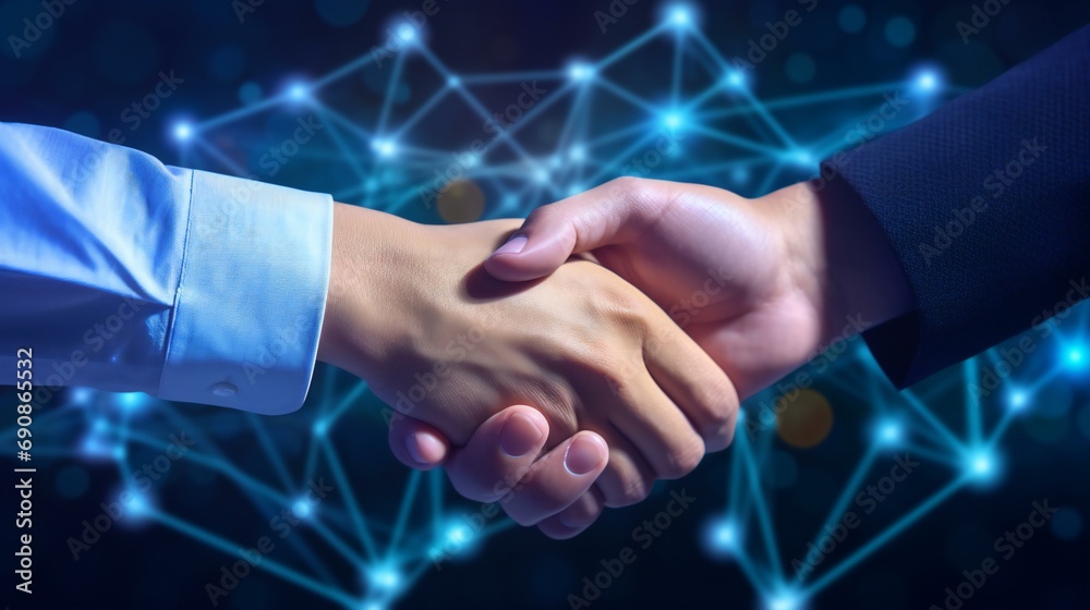 Digital handshake with a blue background, conveying concepts of ...