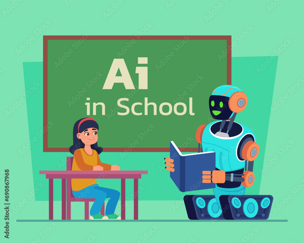 AI robot reading book to school girl in classroom. Vector illustration ...