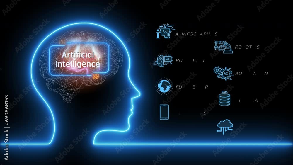 Robot head with glowing brain on future virtual background. AI artificial intelligence, machine ...