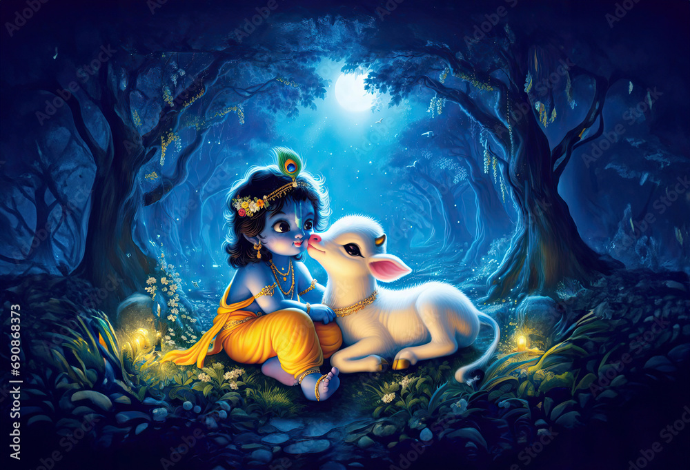 illustration image of Hindu God Lord Krishna in Vrindavan forest, India ...