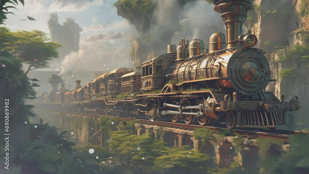 steampunk botanical building with machinery and nature landscape. 4k ...