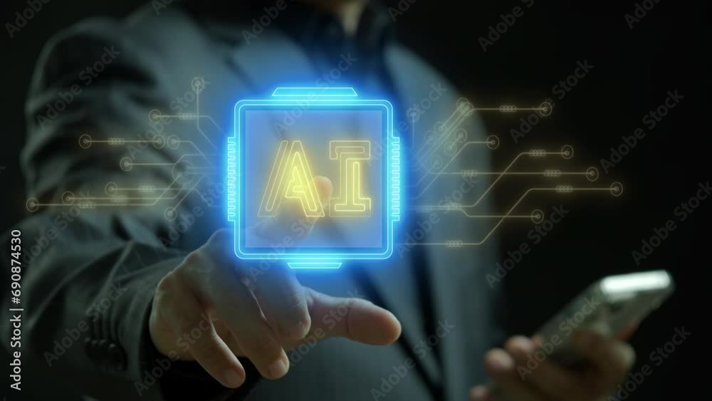 Businessman shows AI icon provide access information, digital chat bot concept. Artificial ...