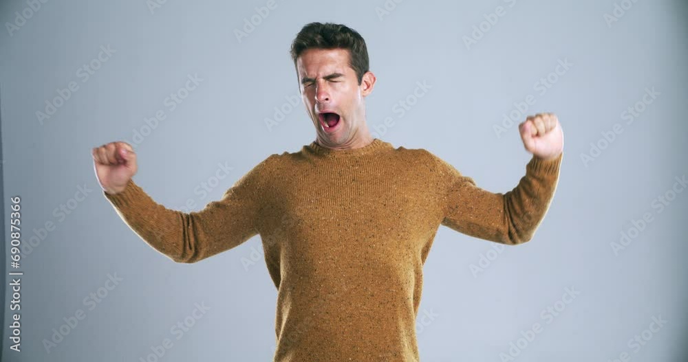 Tired, face and man yawn with fatigue in grey background, studio and ...