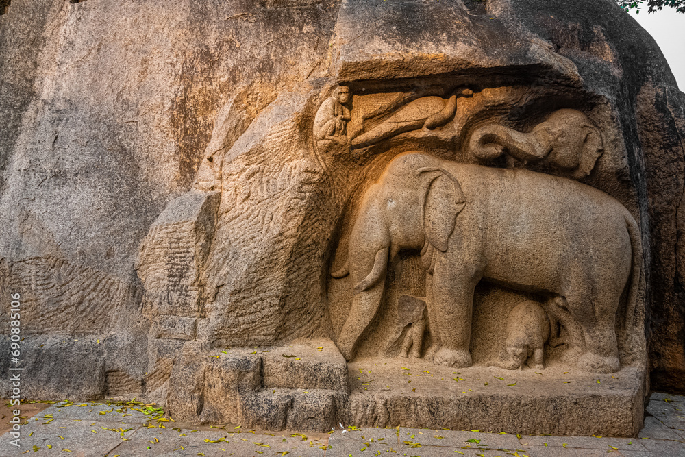 Single Elephant Statue Rock Carved near Thirumoorthi Cave Temple is ...