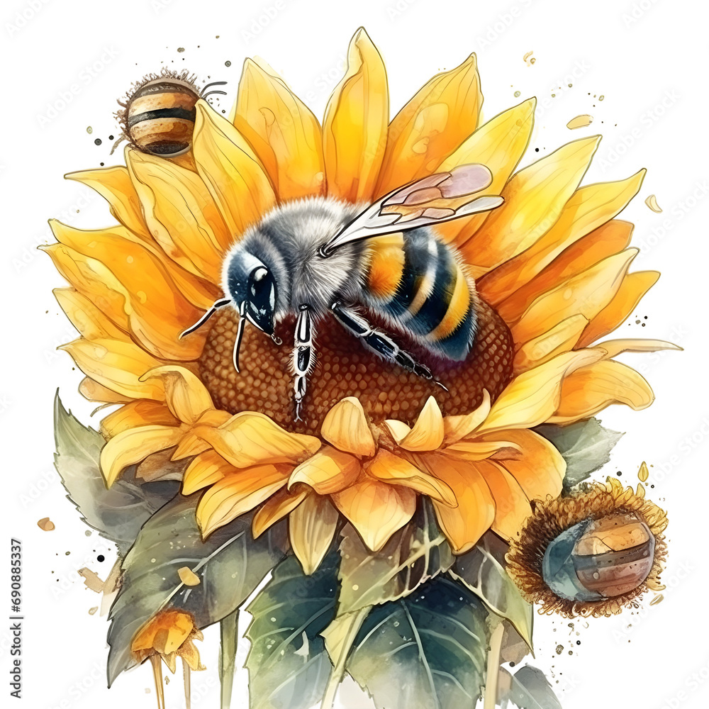 Cartoon watercolor bee with sunflowers on a transparent background ...