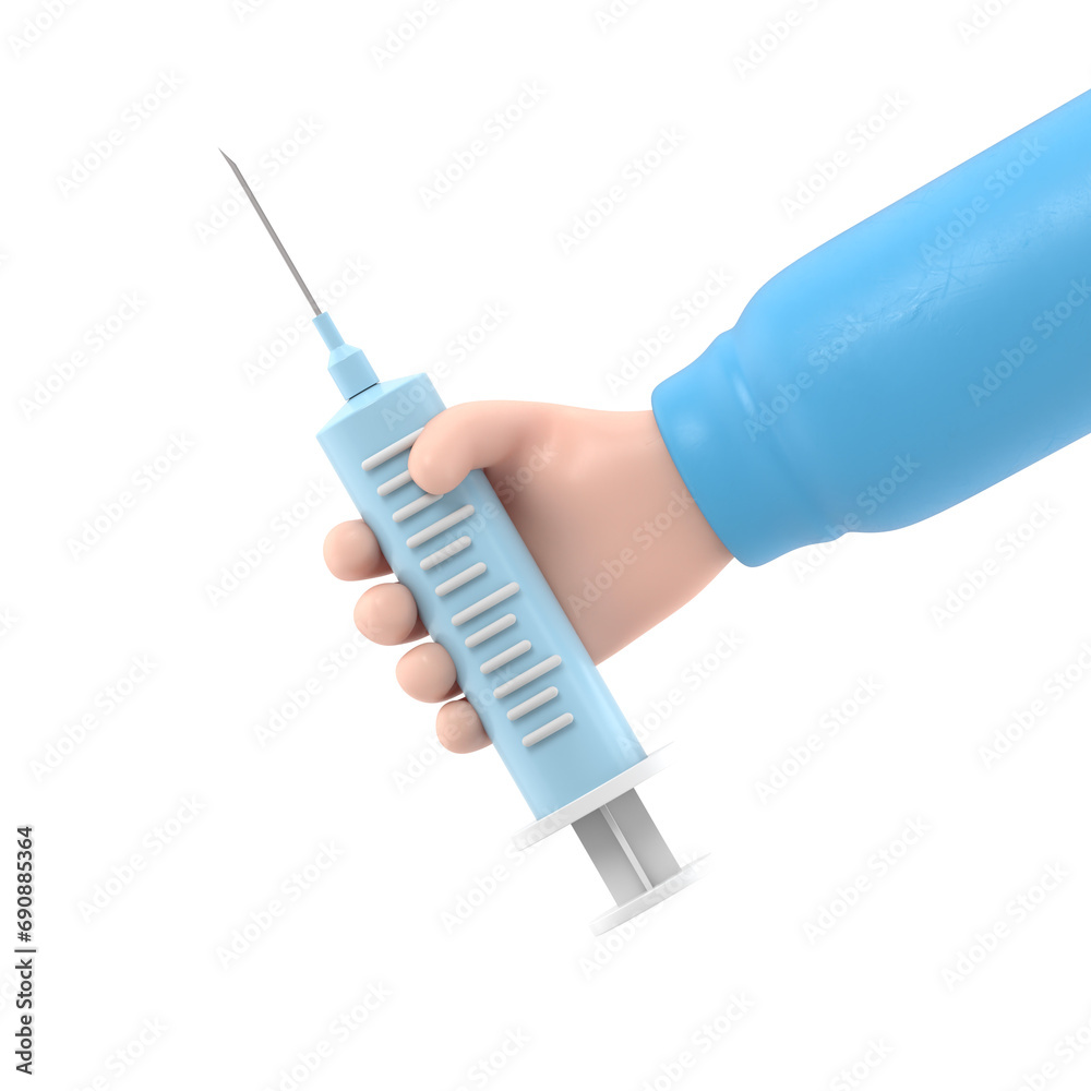 3d render. Doctor cartoon hand holding big syringe with vaccine against ...