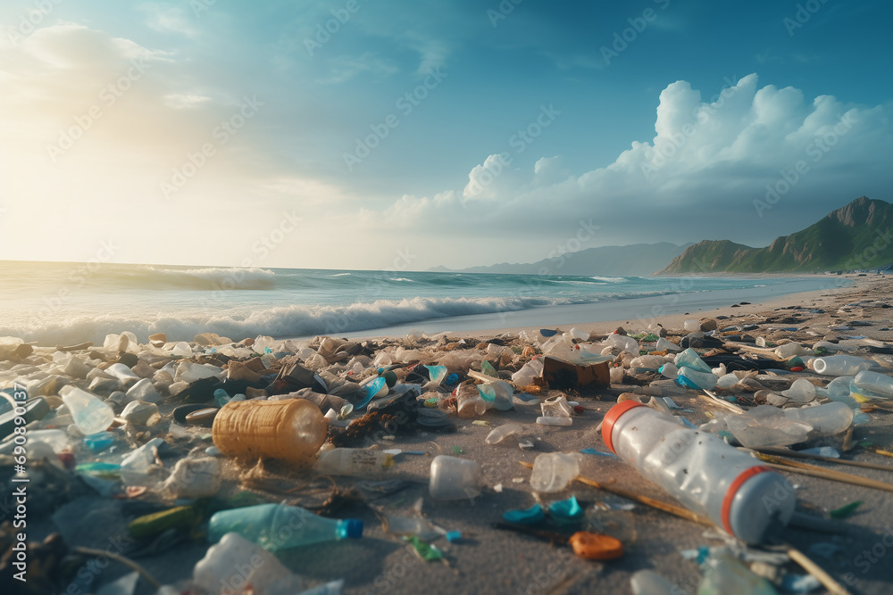 plastic garbage piled up on the beach. The beach is full of plastic ...