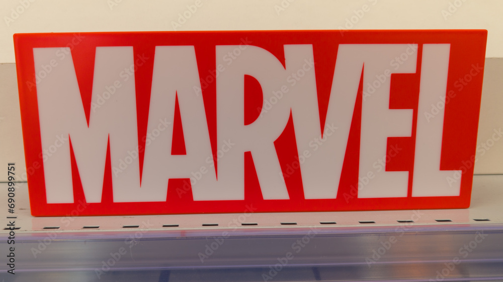 marvel comics shop logo brand and text sign red on boutique library ...