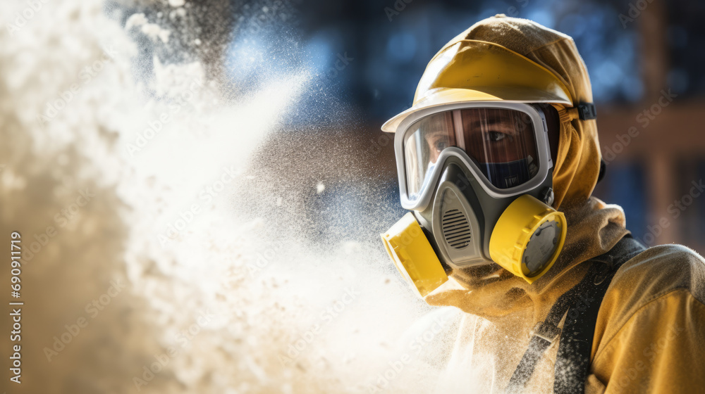 Professional construction worker wearing a high-grade dust mask ...