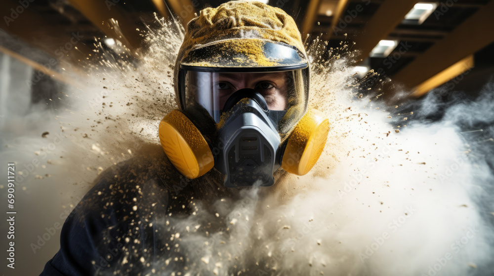 Professional construction worker wearing a high-grade dust mask ...