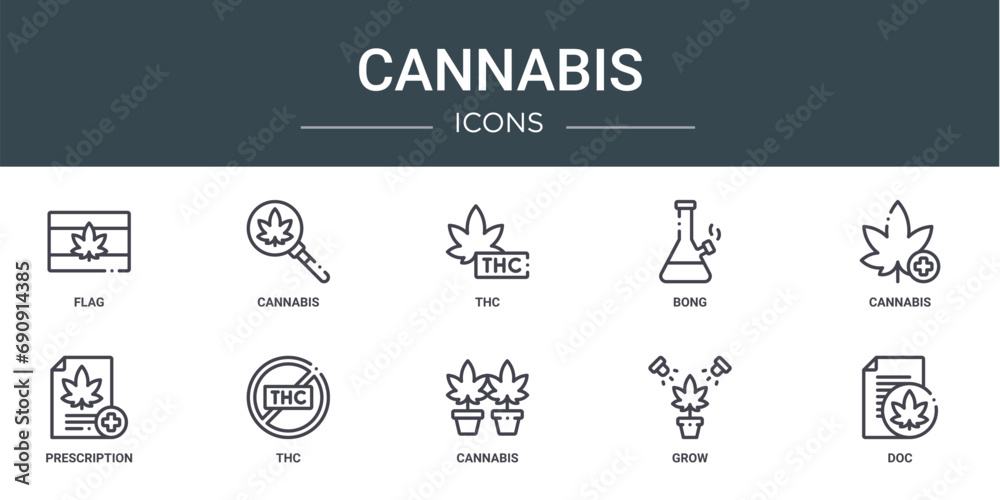 set of 10 outline web cannabis icons such as flag, cannabis, thc, bong ...