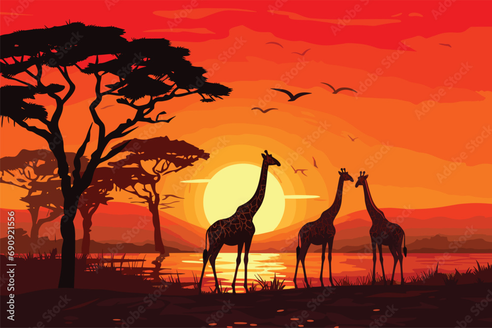 African Animals Sunset Poster African Savannah Sunset Landscape,