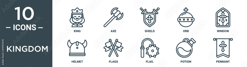 kingdom outline icon set includes thin line king, axe, shield, orb ...