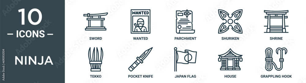 ninja outline icon set includes thin line sword, wanted, parchment ...