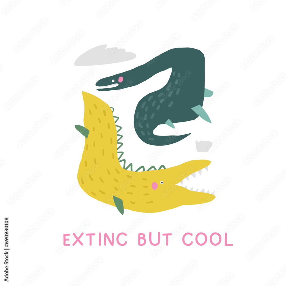 Cute dinosaur postcard with funny hand drawn doodle underwater, sea ...