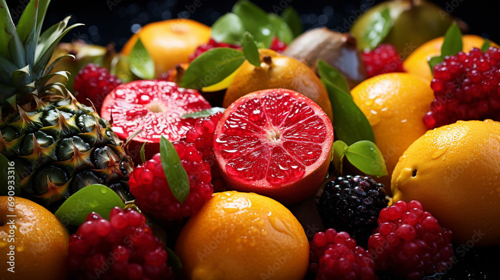 tropical fruits, vibrant colors, close-up, high-resolution, exquisite ...