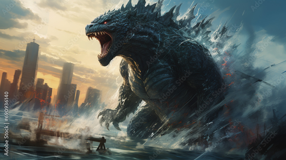 Godzilla rising from the ocean under a full moon, illuminating its ...