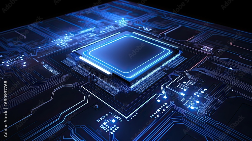 Illuminated CPU chip on a motherboard with futuristic blue circuitry ...