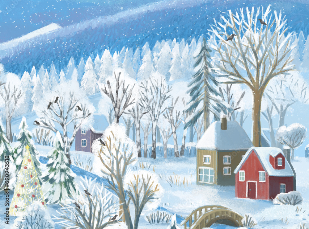 cartoon christmas scene with city in the winter with some wild animals ...