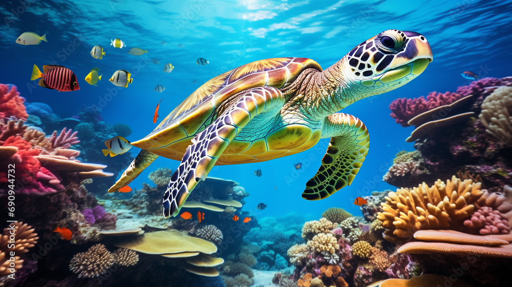 Hawksbill Turtle Gliding Through Coral Reefs: A hawksbill turtle ...