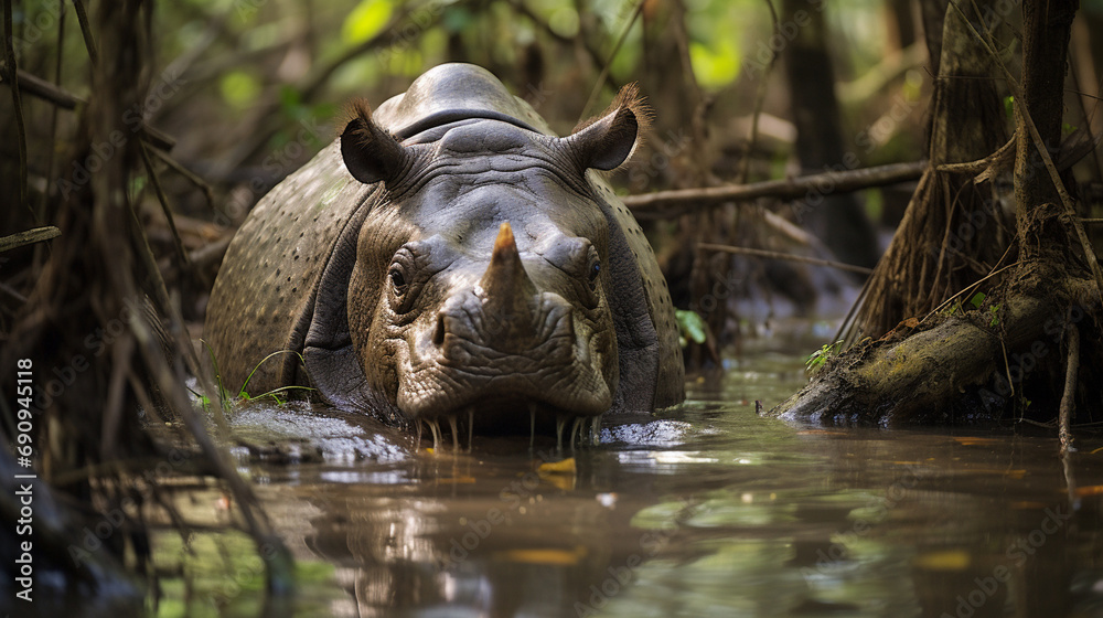 Javan Rhino in Swampy Habitat: A Javan rhinoceros navigating through ...