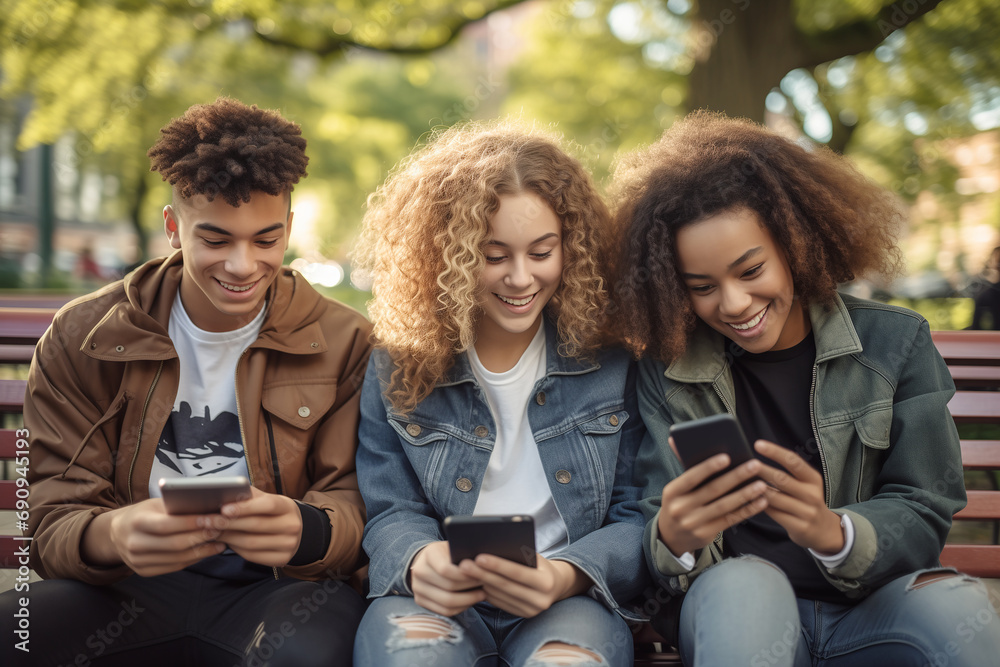Teenagers bonding on park bench, immersed in their phones while ...