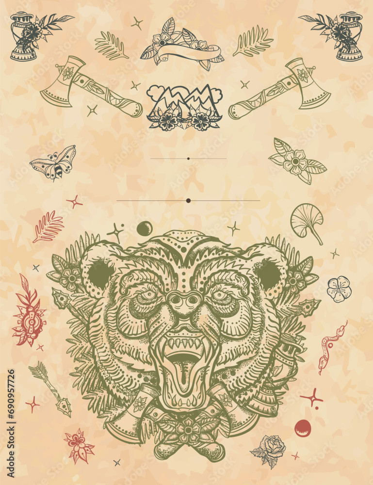 Angry bear head. Aggressive grizzly frame. Old paper vector. Cover page ...