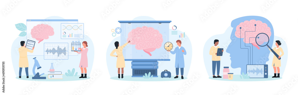 Medical brain research set vector illustration. Cartoon tiny people ...