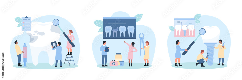 Dentistry set vector illustration. Cartoon tiny dentists treat caries ...