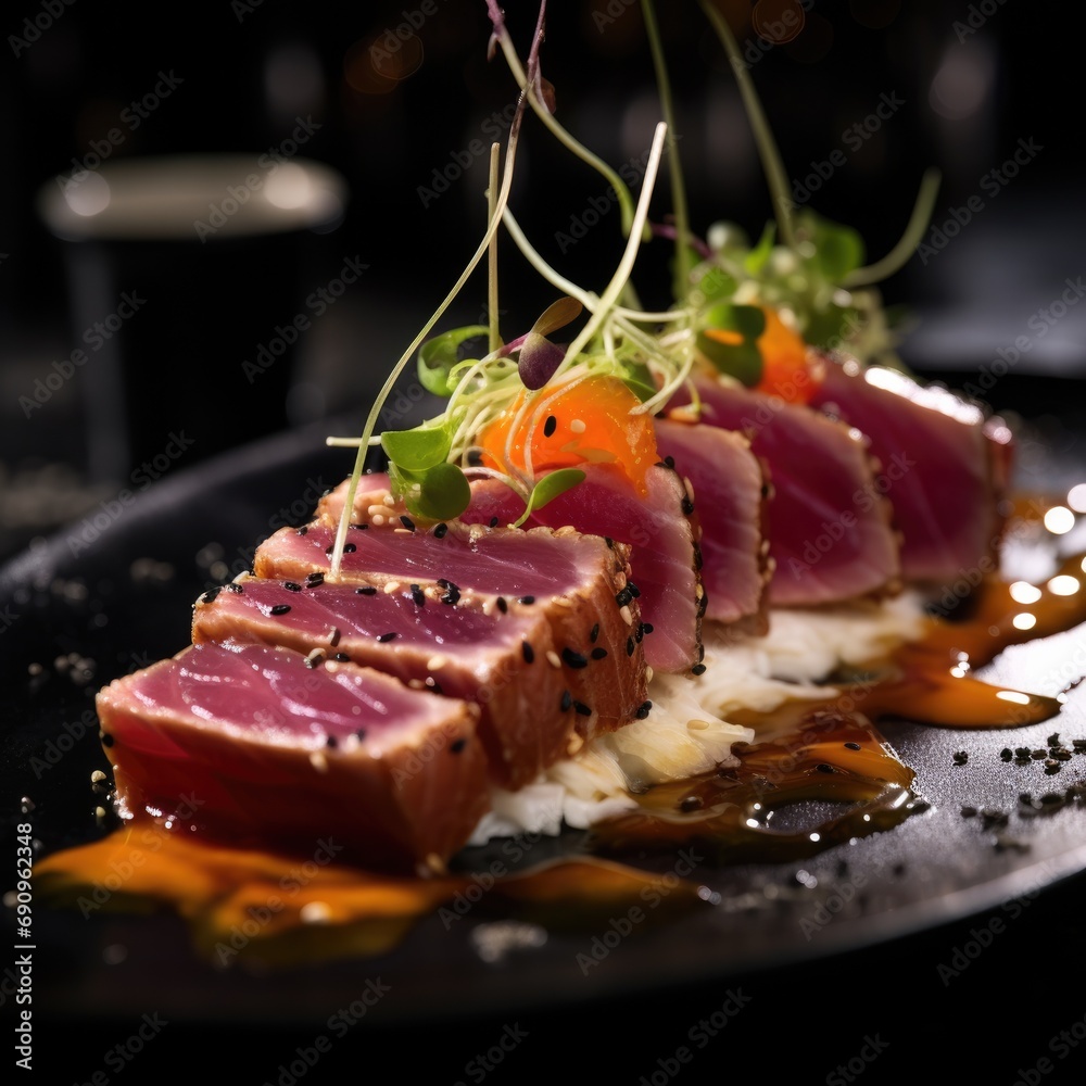 Seared Ahi Tuna Sashimi. Fresh Raw Seafood Meal in Fine Dining Eatery ...