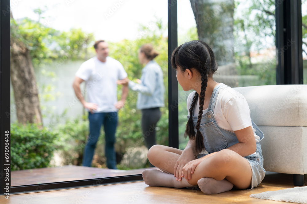 Stressed and unhappy young girl huddle in corner crying and sad while ...