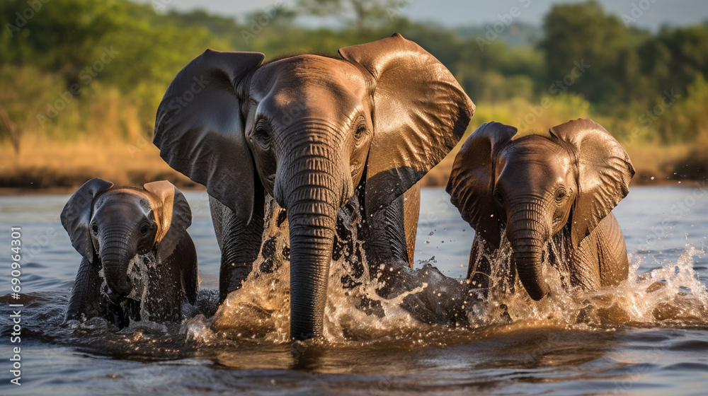 Elephant Family Splash: A family of elephants indulging in a joyful ...