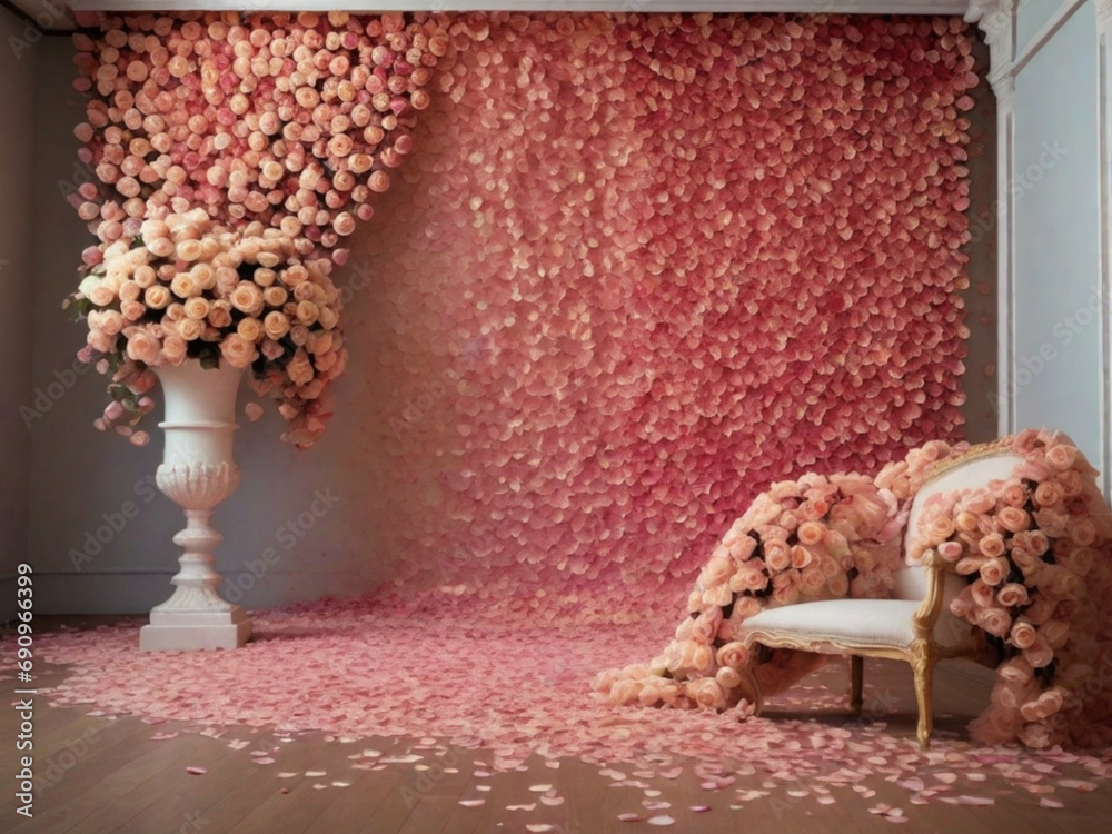 A wall covered in cascading rose petals, creating a visually stunning ...