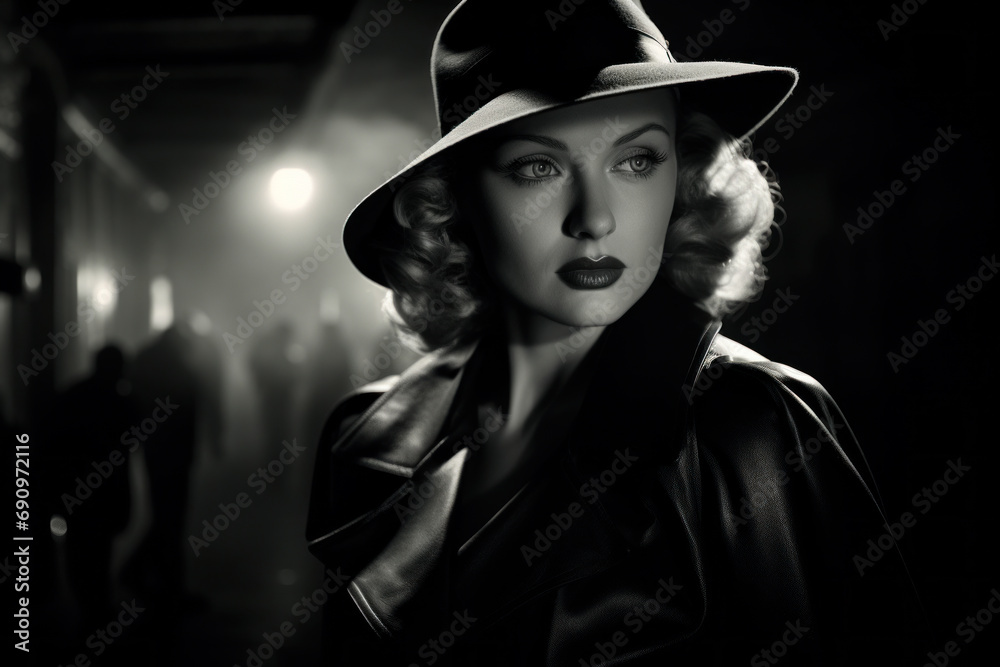 Woman wearing a hat and a coat characterized as a classic detective or ...