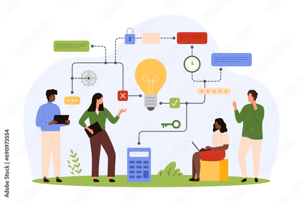Mind map diagram to clarify decision vector illustration. Cartoon tiny people research ...