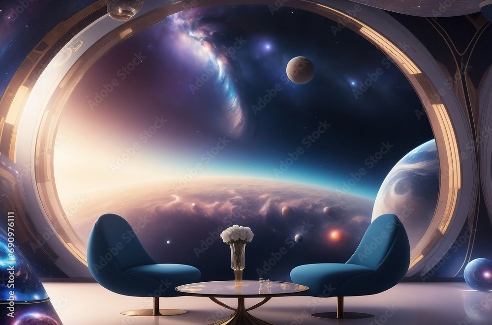 A futuristic and artistic image of a cozy and elegant spaceship ...