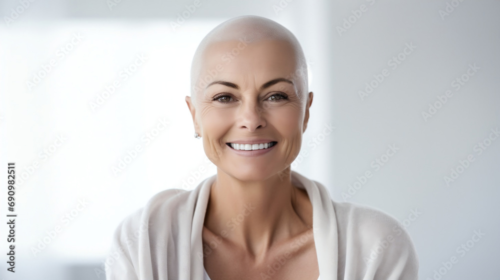 Portrait of a happy hairless bald woman woman girl looking at the ...