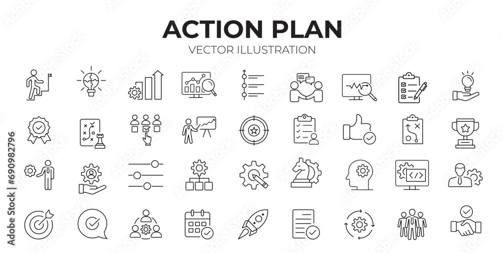 Action plan editable stroke outline icons set. Strategy, tasks, goal ...