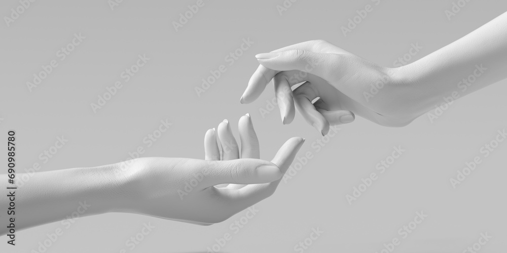 Two hands white sculpture. Mannequin hands reaching each other with ...