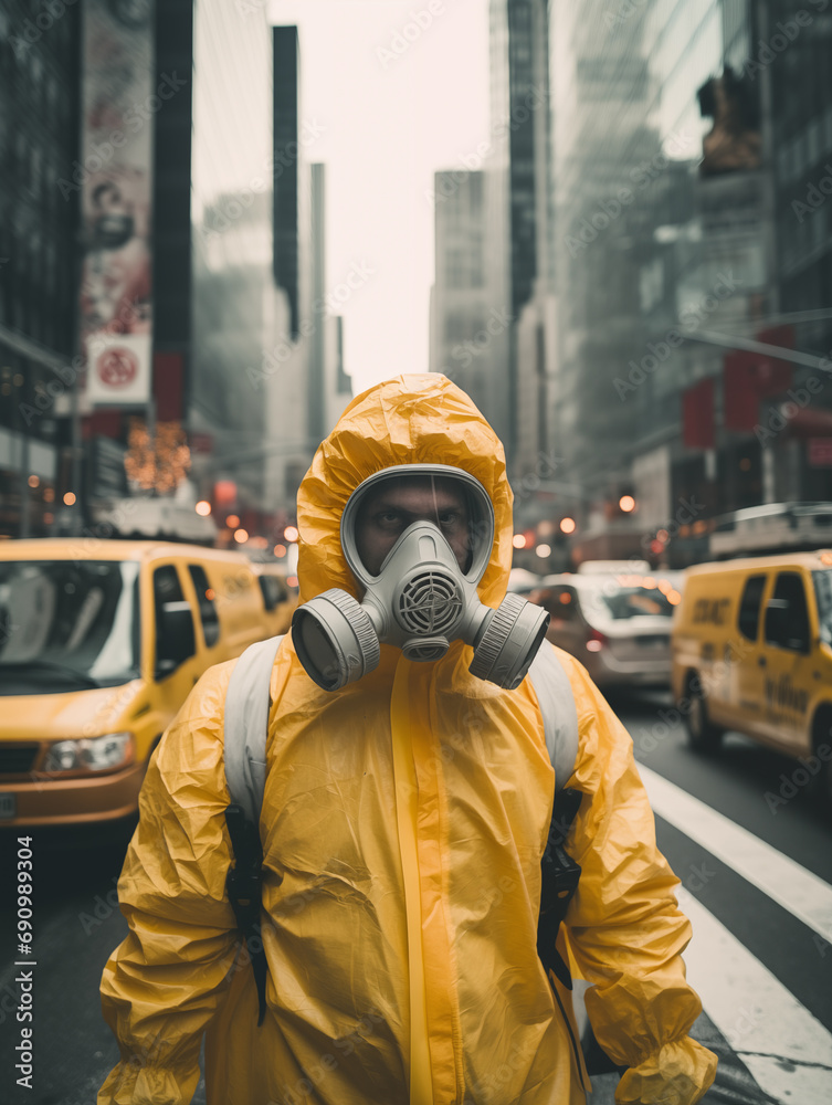 People using bio hazard suits in on city streets due to pollution and ...