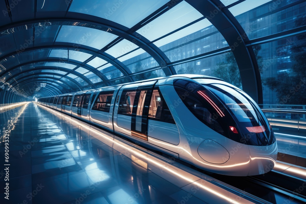 In a modern transportation center, High-speed trains and subways are ...